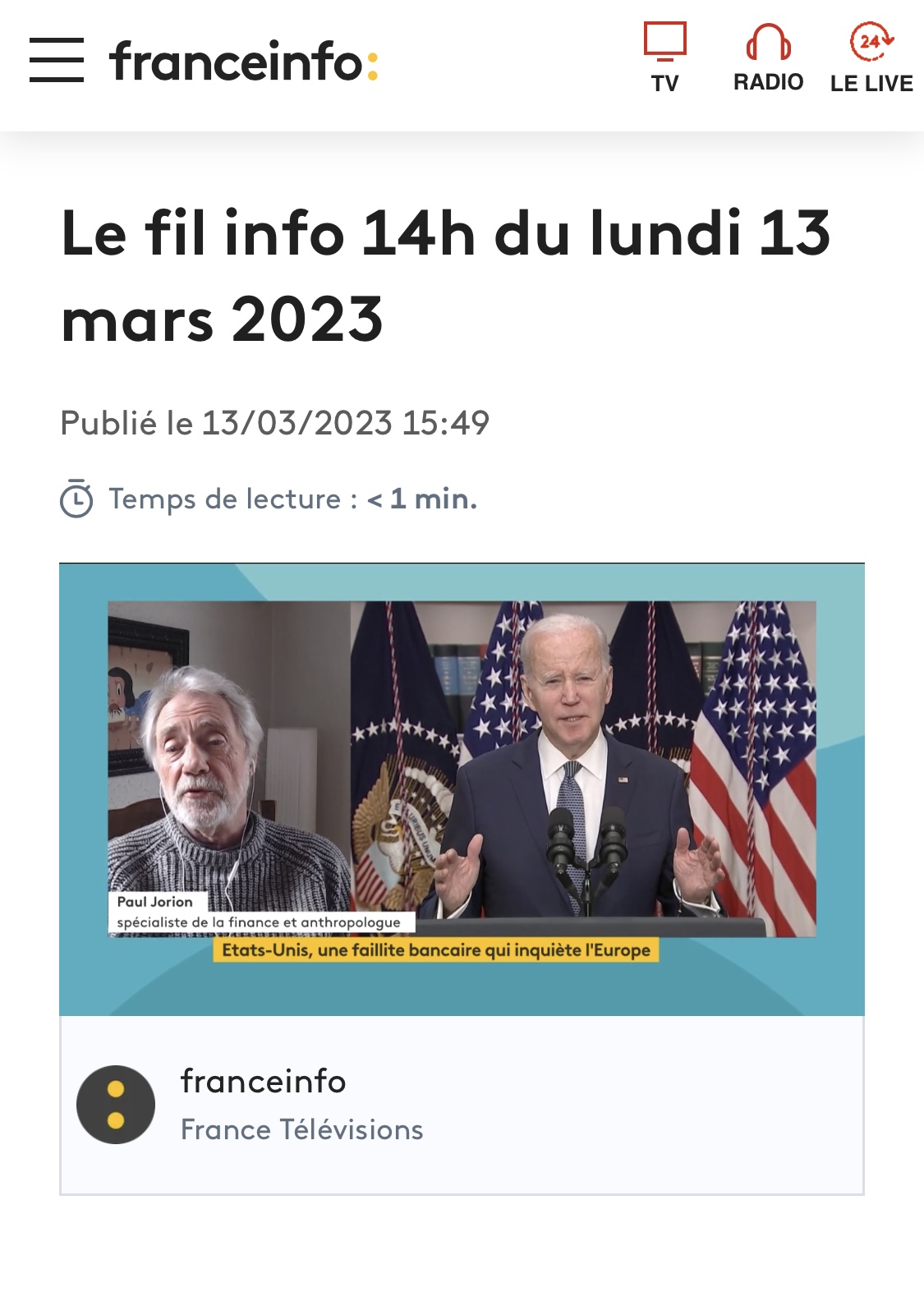 franceinfo, La chute de la Silicon Valley Bank, le 13 mars à 14h30 ...